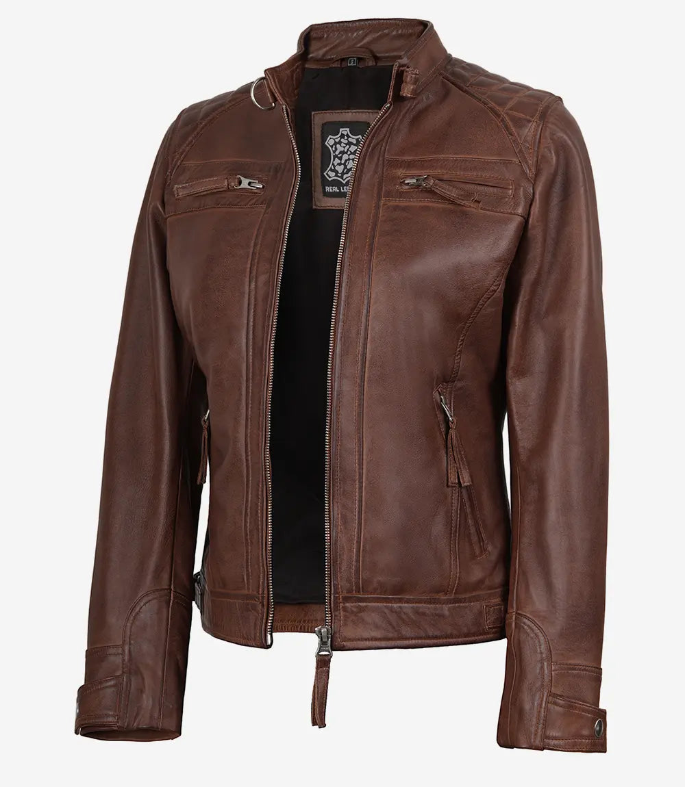 Womens Cognac Biker Leather Jacket | Cognac shade Moto Jacket